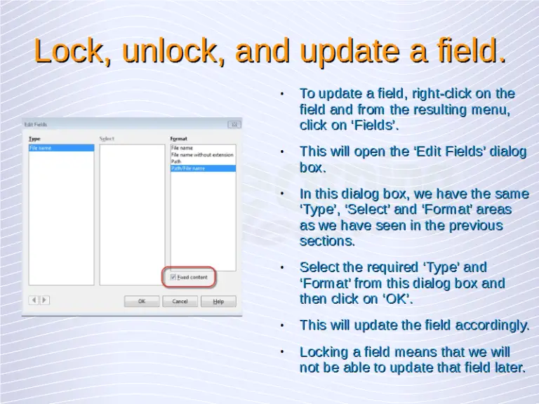 Advanced Word Processing – Lock, Unlock and Update a Field