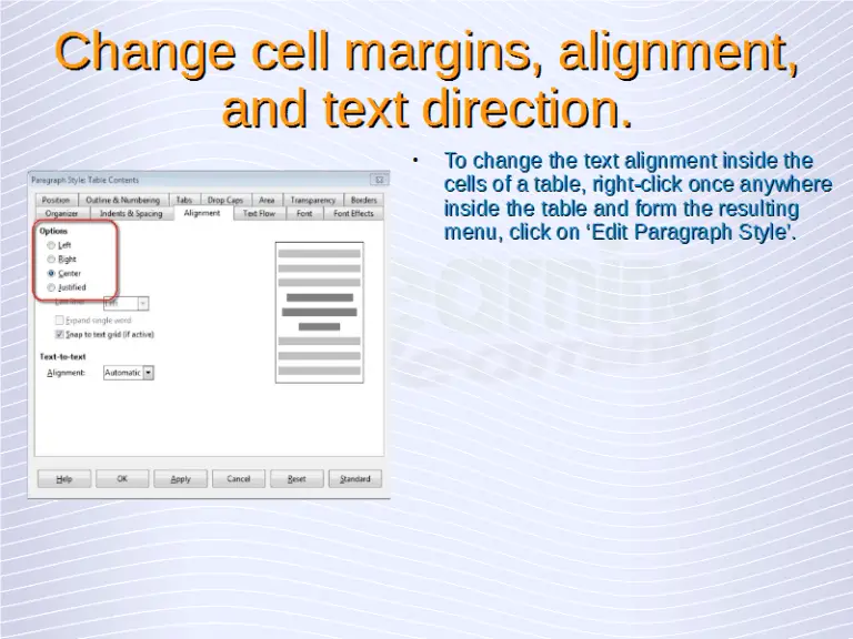 Advanced Word Processing – Text in Table Cells