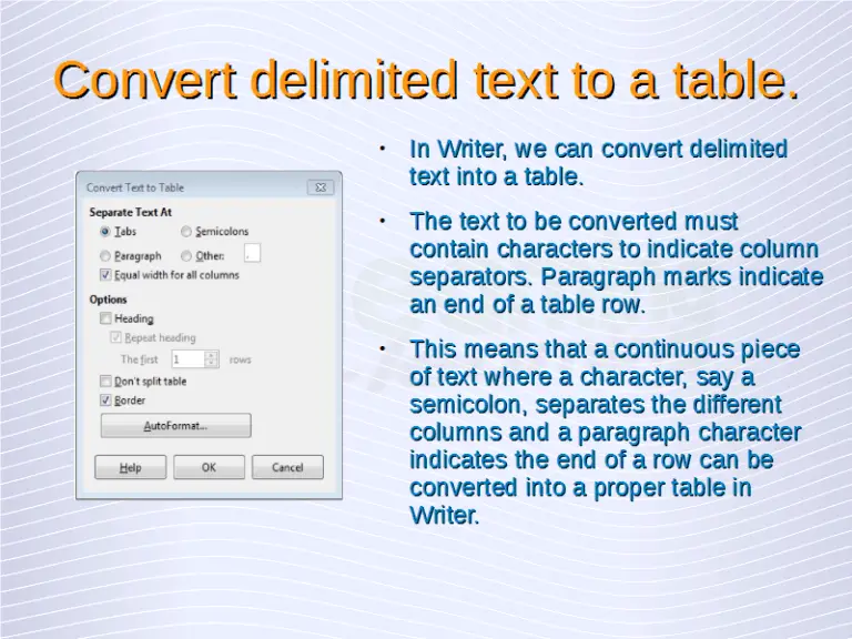 Advanced Word Processing – Converting Text to a Table Advanced Word Processing – Converting Text to a Table
