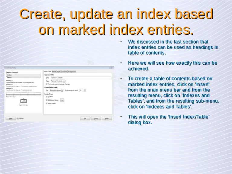 Advanced Word Processing – Index Entry