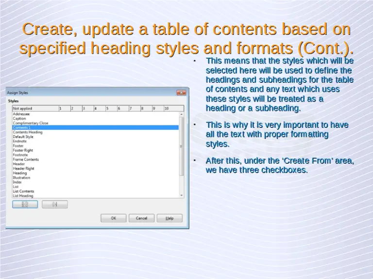 Advanced Word Processing – Table of Contents