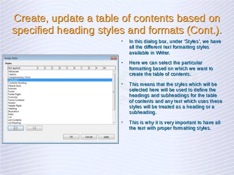 Advanced Word Processing – Table of Contents